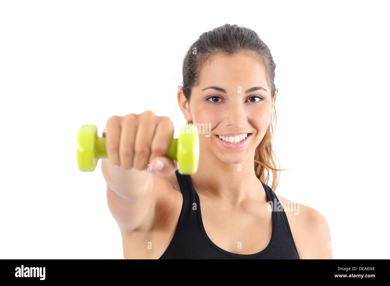 Front view of a happy fitness woman practicing aerobic isolated on a ...
