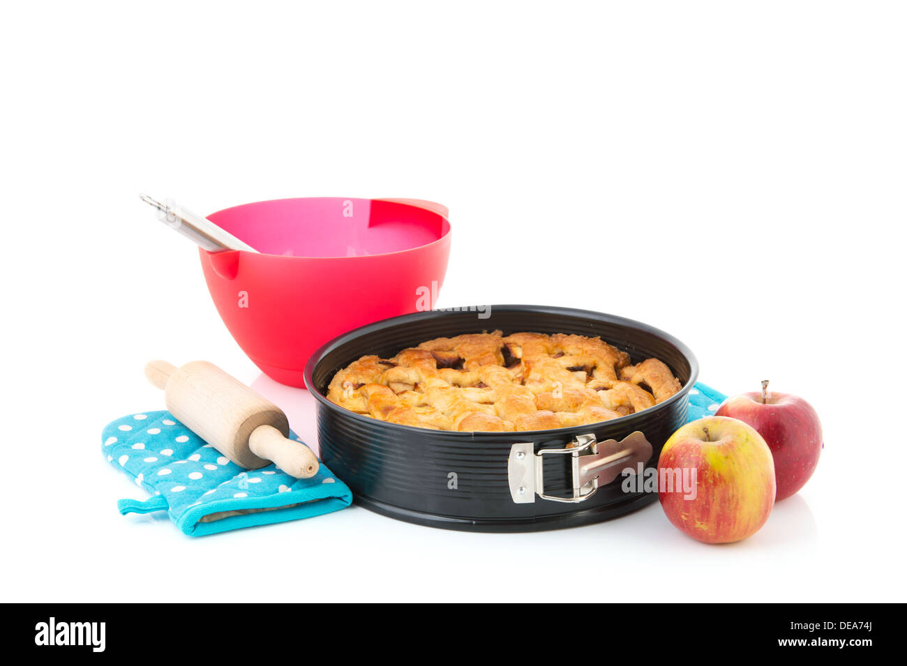 Baked apple pie with fresh fruit and kitchen utensils Stock Photo - Alamy