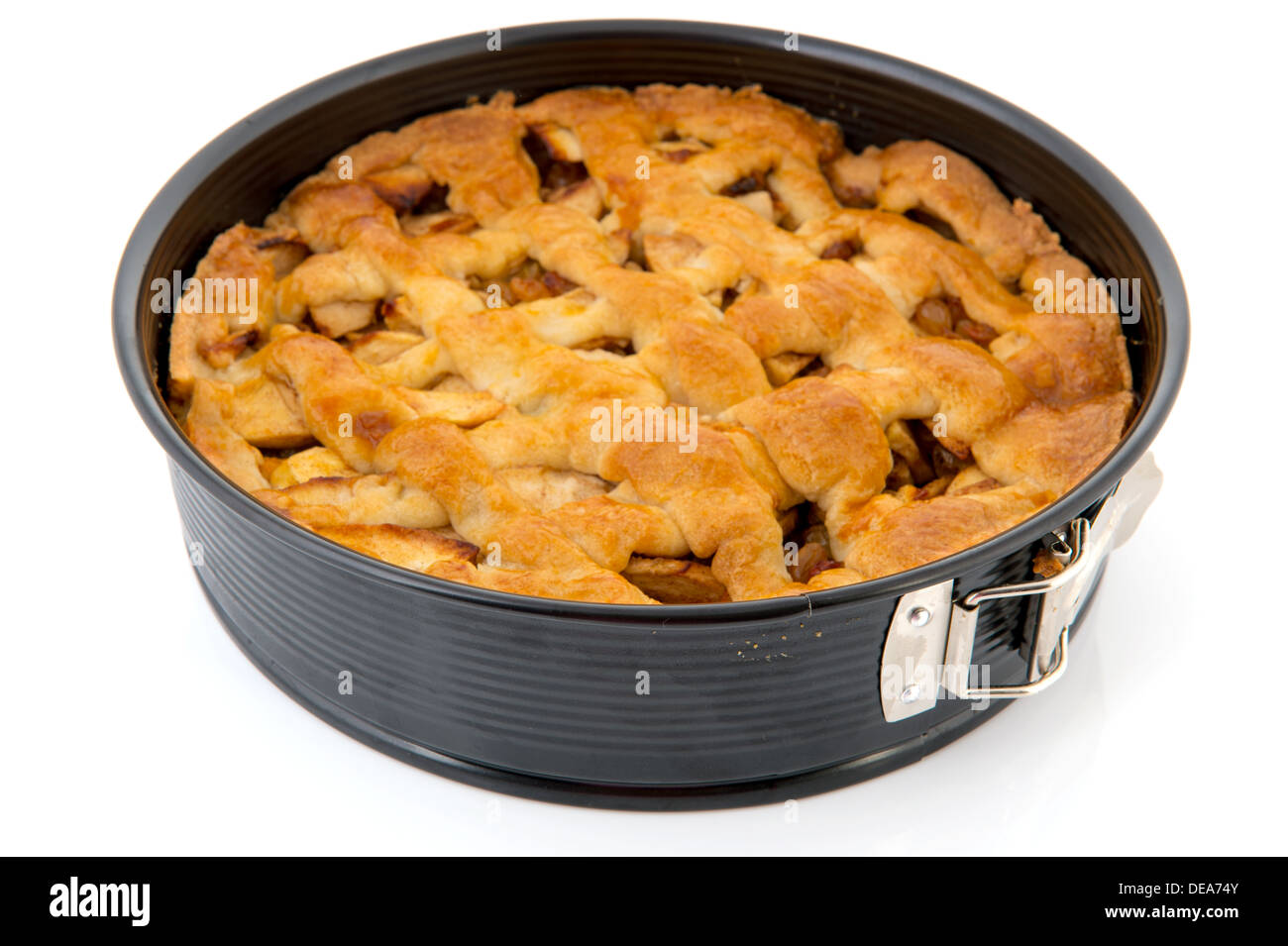 Baked apple pie in baking form isolated over white background Stock ...