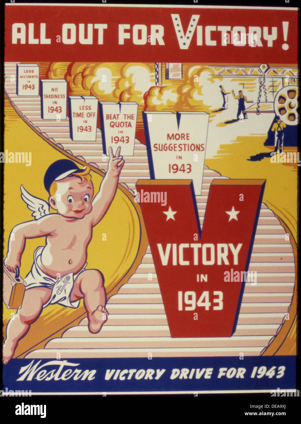 The phrase 'All Out For Victory' refers to the U.S. mobilization ...