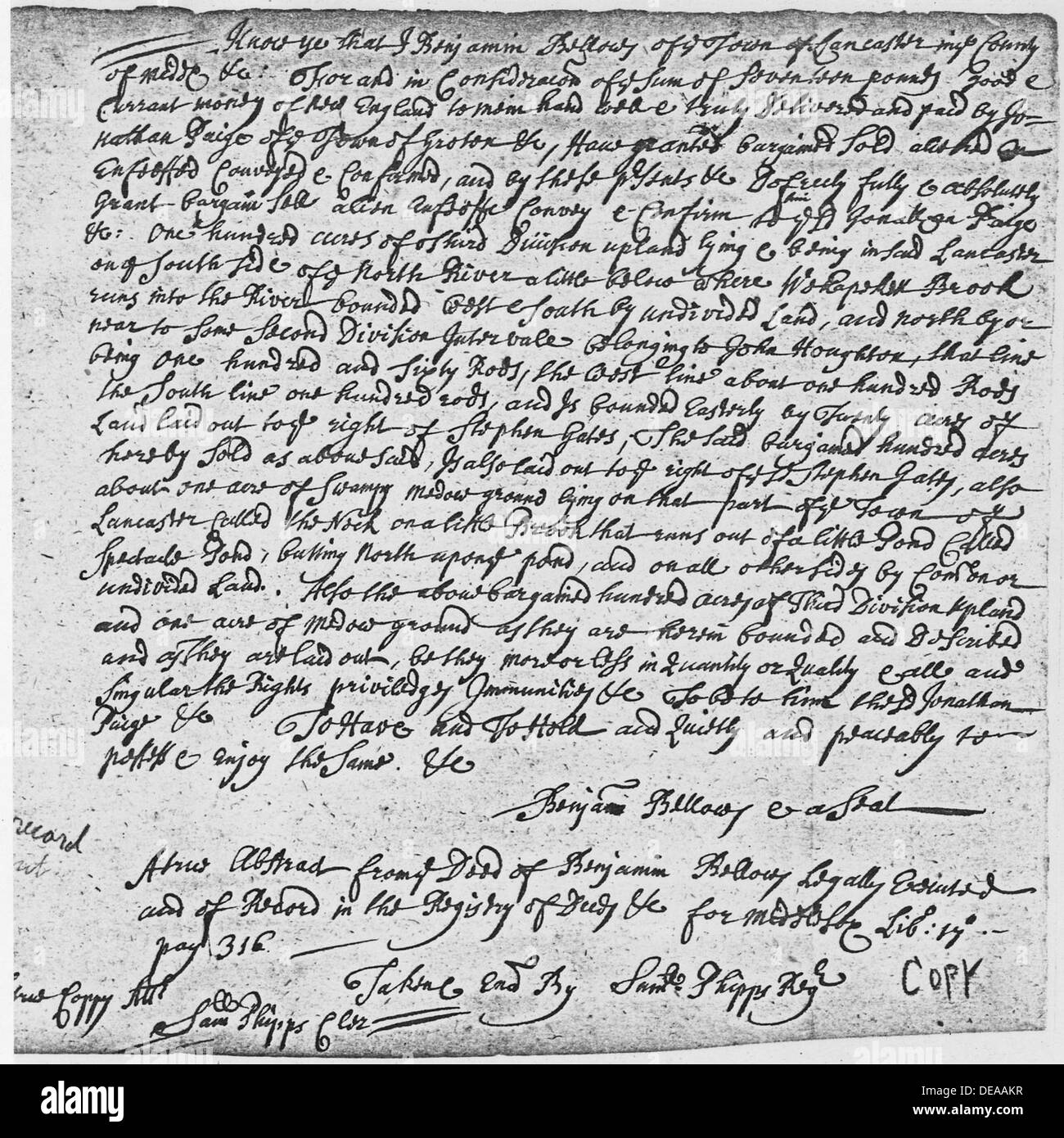The Benjamin Bellows deed, a legal document marking a historical ...