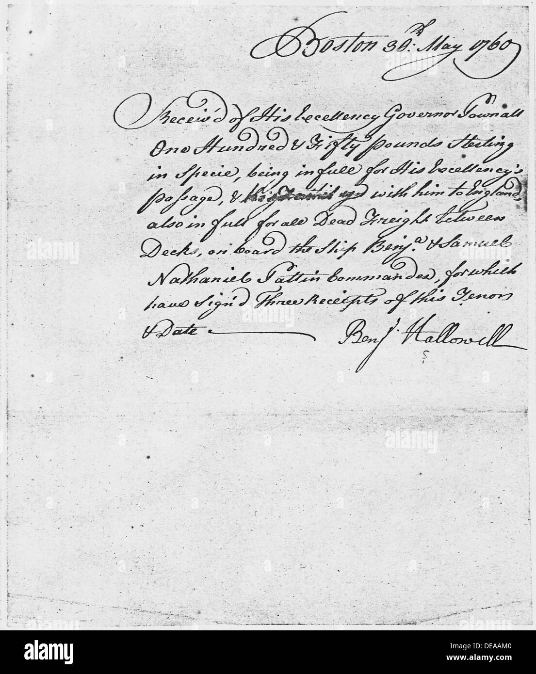 This document is a receipt from Benjamin Hollowell, dated May 30, 1760 ...