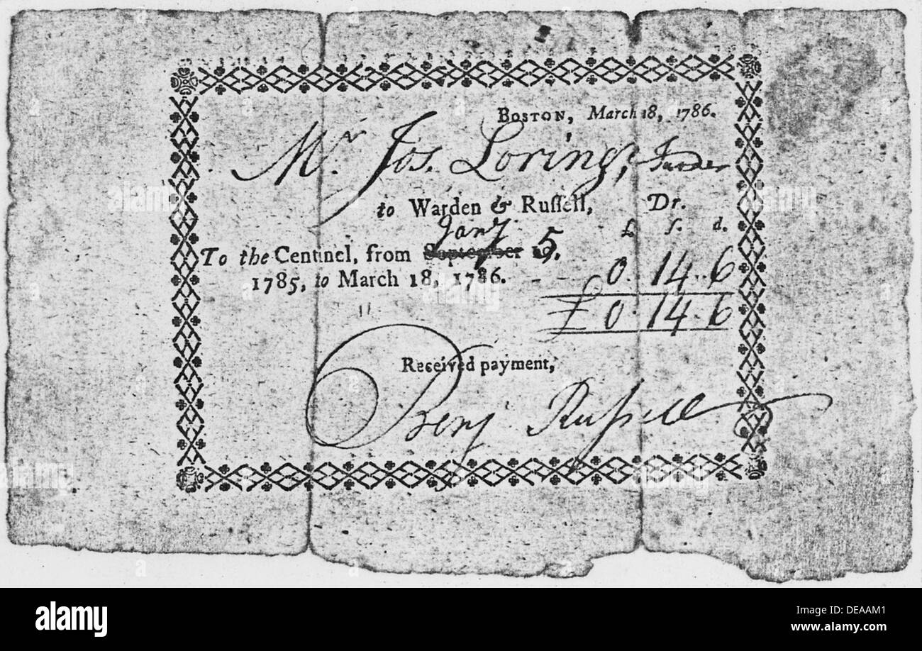 A historical receipt issued by Benjamin Russell on March 18, 1786 ...