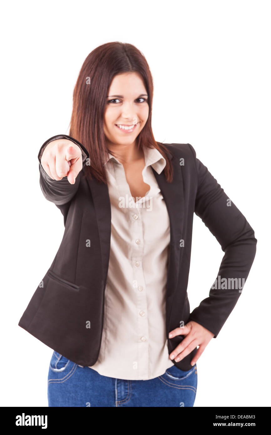 Business woman, pointing forward - isolated over white Stock Photo - Alamy