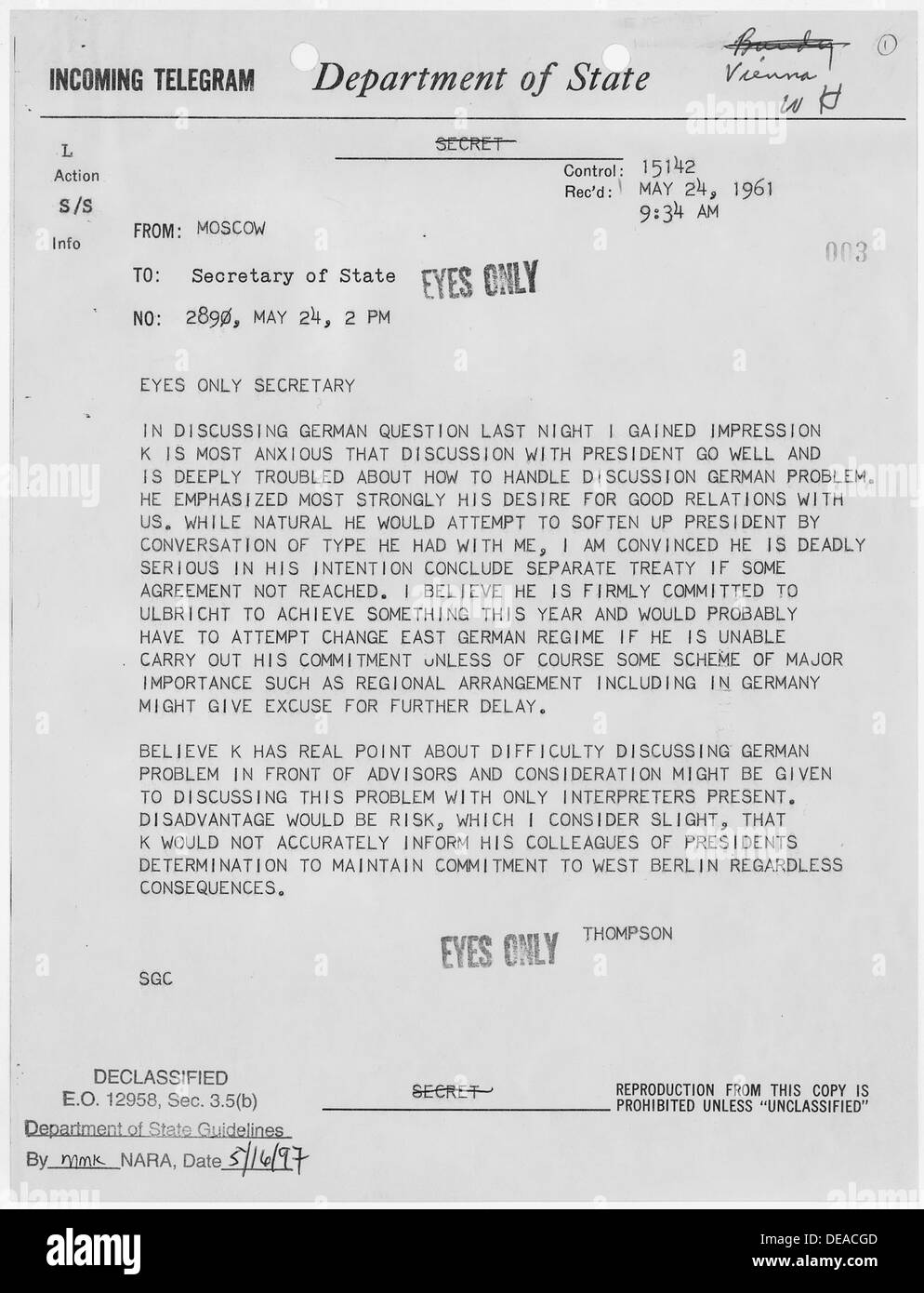 A telegram from Ambassador Thompson to the Secretary of State, dated ...