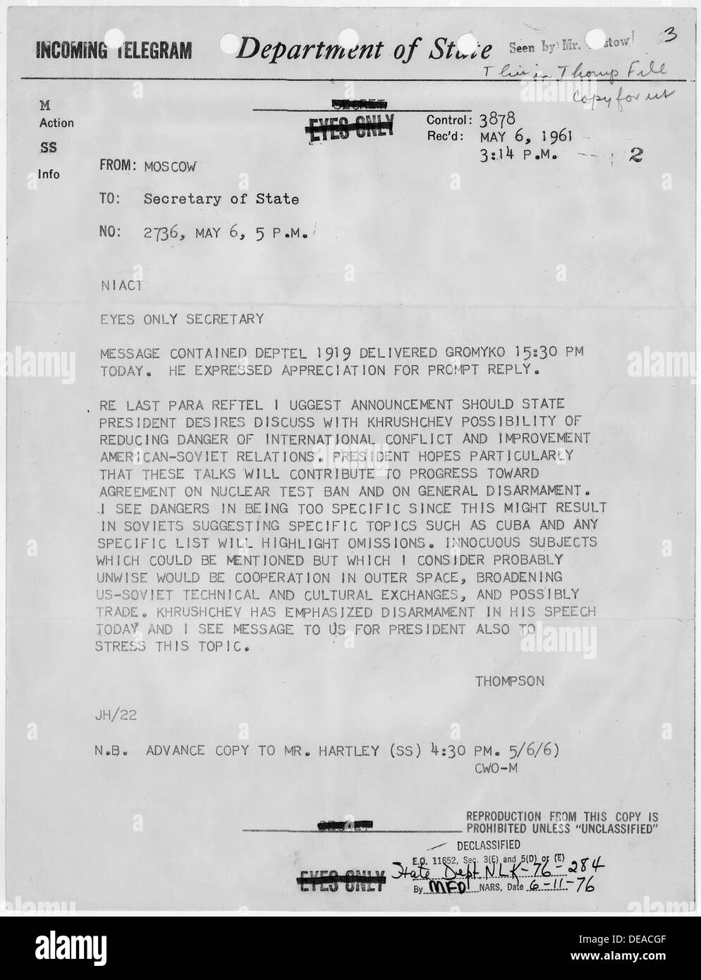 This telegram, sent on May 6, 1961, from the Department of State, was ...