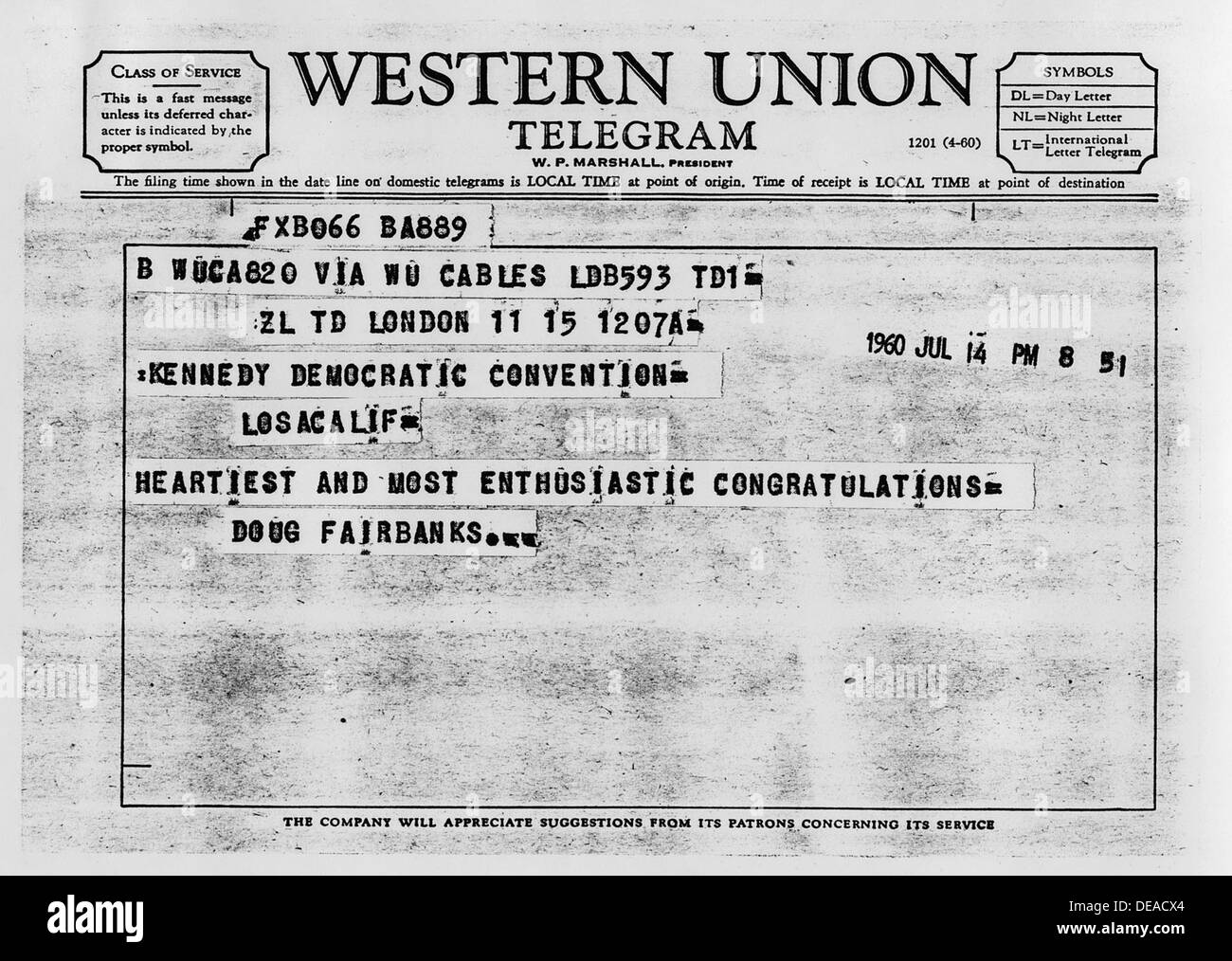 A telegram from Douglas Fairbanks, a famous actor, to President John F ...