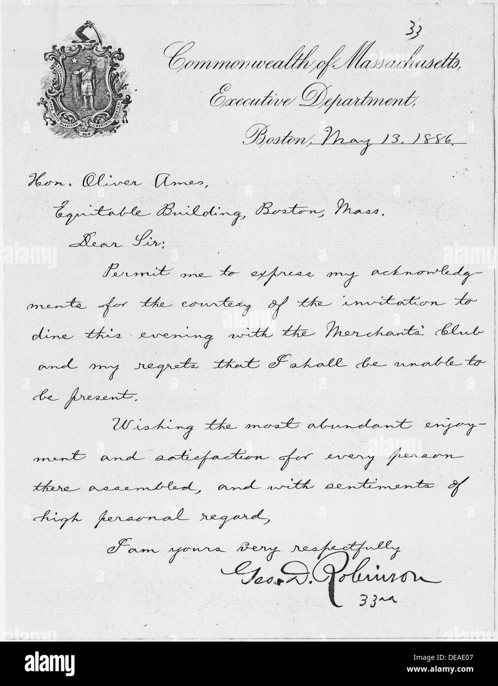 A letter from George D. Robinson to Oliver Ames, written on May 13 ...