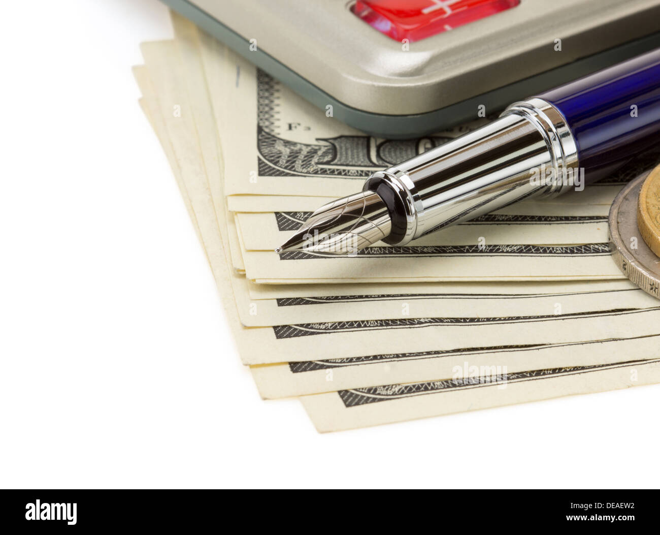 pen on dollar money banknotes isolated at white background Stock Photo ...
