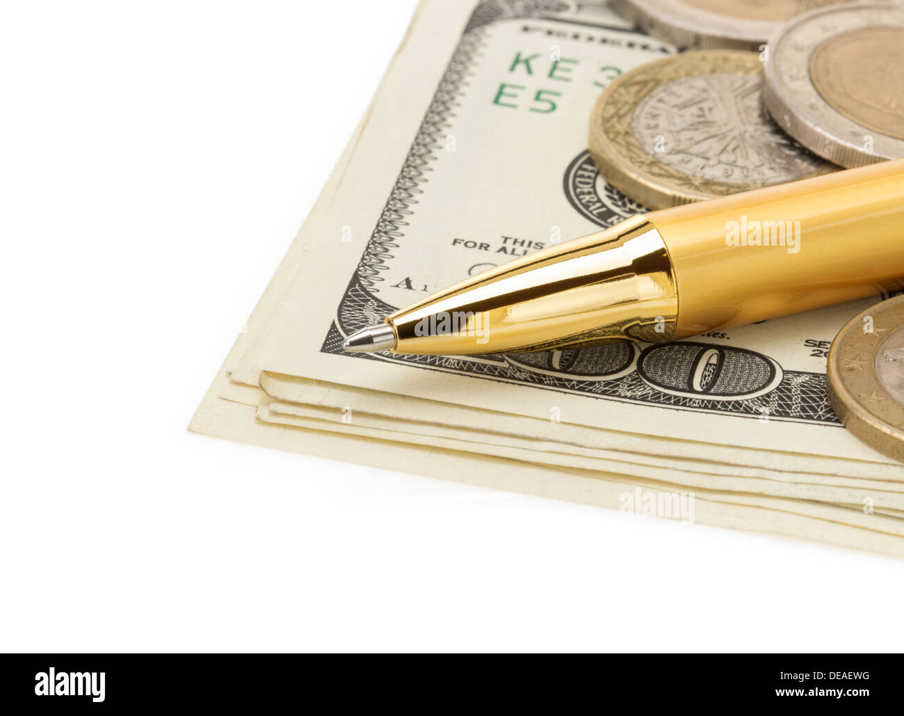 pen on dollar money banknotes isolated at white background Stock Photo ...