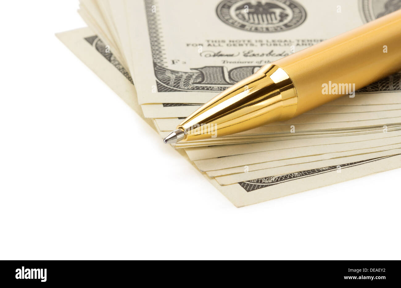 pen on dollar money banknotes isolated at white background Stock Photo ...