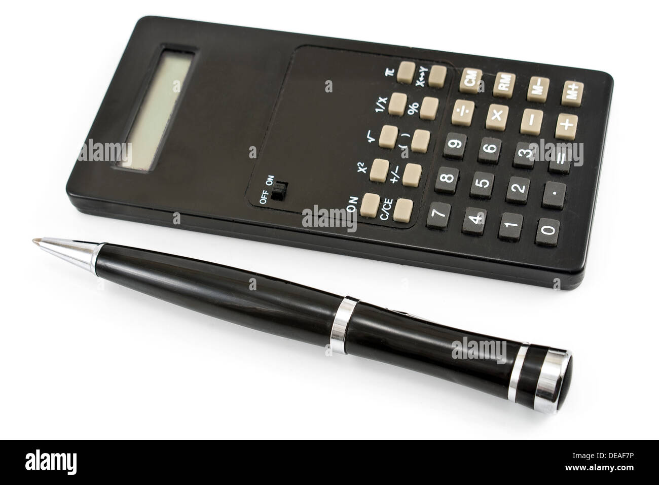 Calculator and pen isolated on white background Stock Photo - Alamy