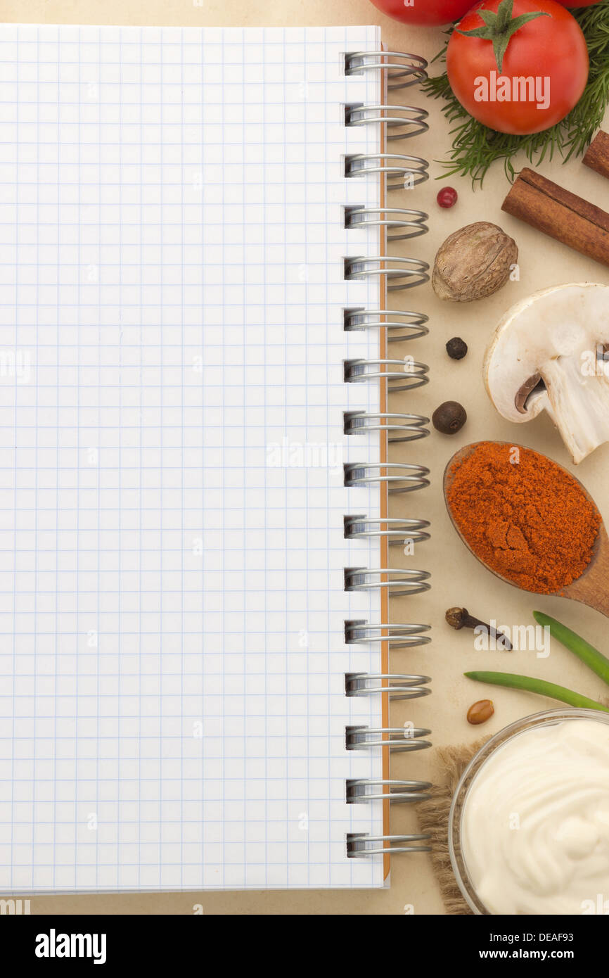food ingredients and recipe book on aged background Stock Photo - Alamy
