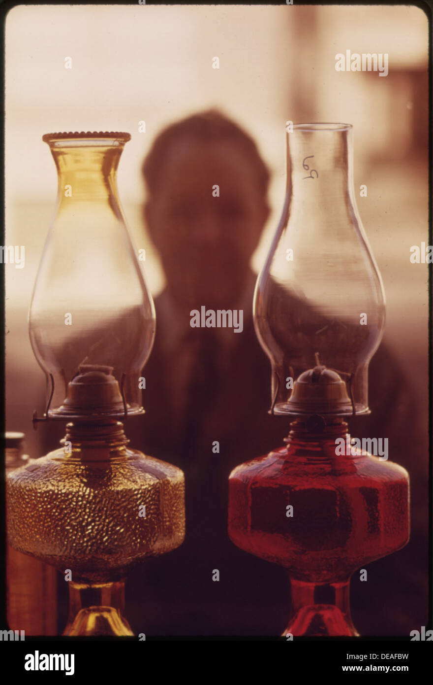 Kerosene lamps displayed in a business window, popularized during the ...