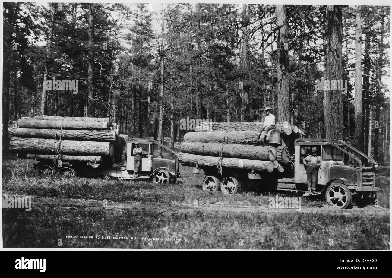 This image shows solid-tired Moreland logging trucks of Biles Coleman ...