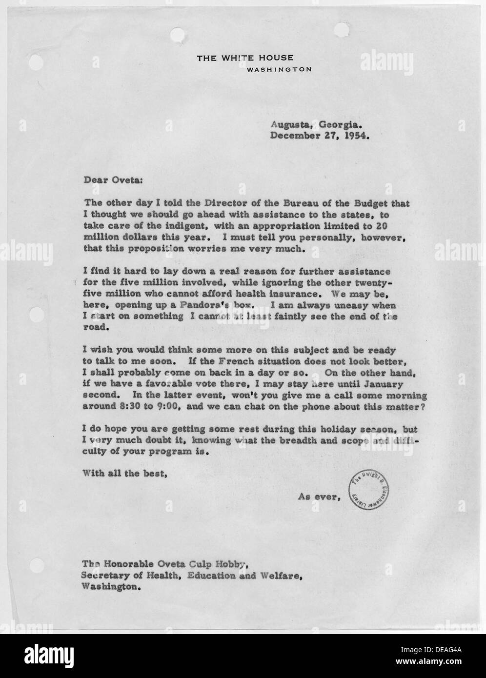 This image depicts a letter from President Dwight D. Eisenhower to ...