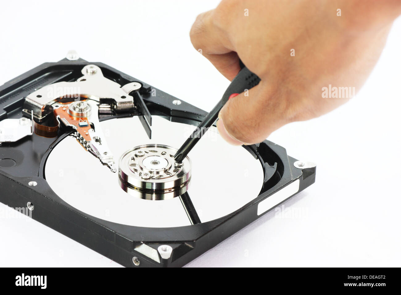 hard disk with hand put hammer at the top on white backgound Stock ...