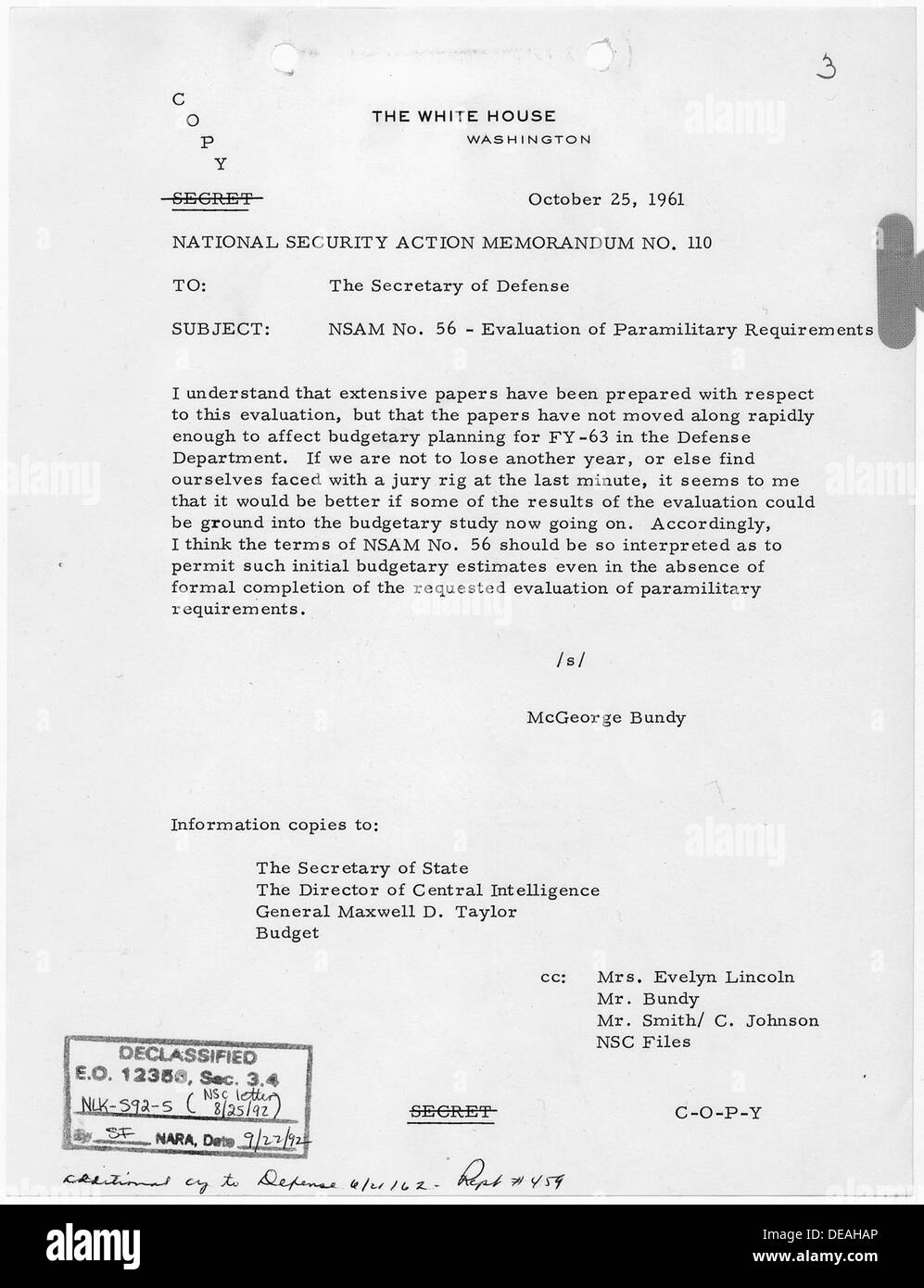 National Security Action Memorandum No. 110, from 1935, evaluates ...