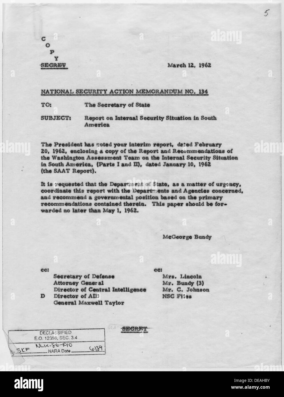 National Security Action Memorandum No. 134 Report on Internal Security ...