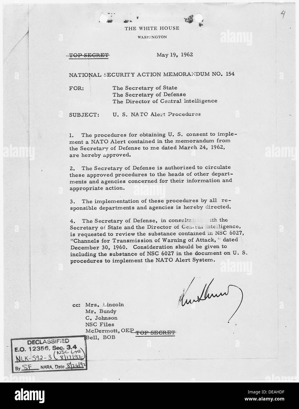 National Security Action Memorandum No. 154 outlines U.S. NATO alert ...