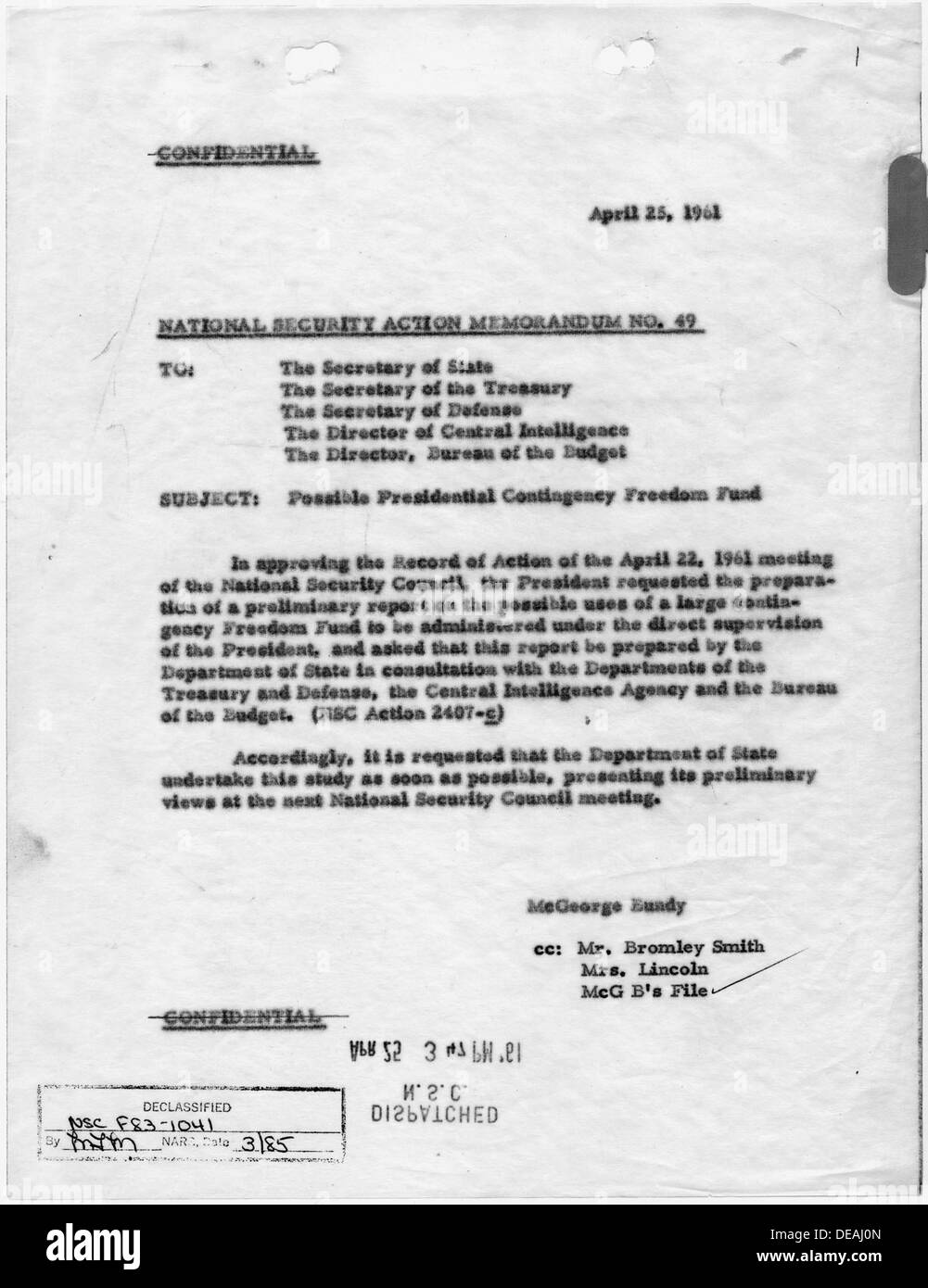 National Security Action Memorandum No. 49 addresses a potential ...