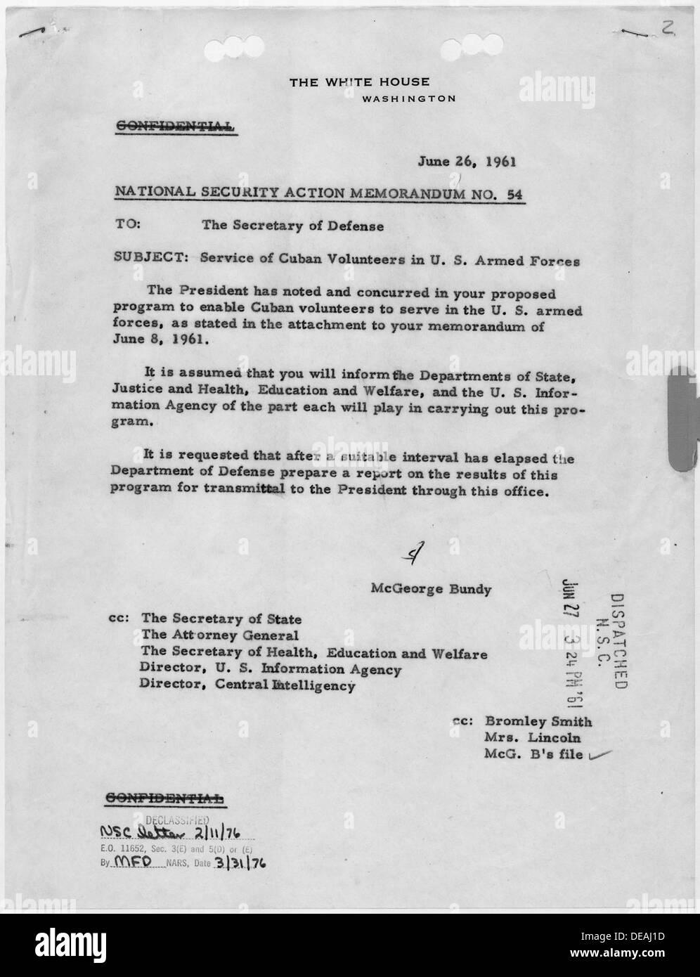 National Security Action Memorandum No. 54 discusses the role of Cuban ...