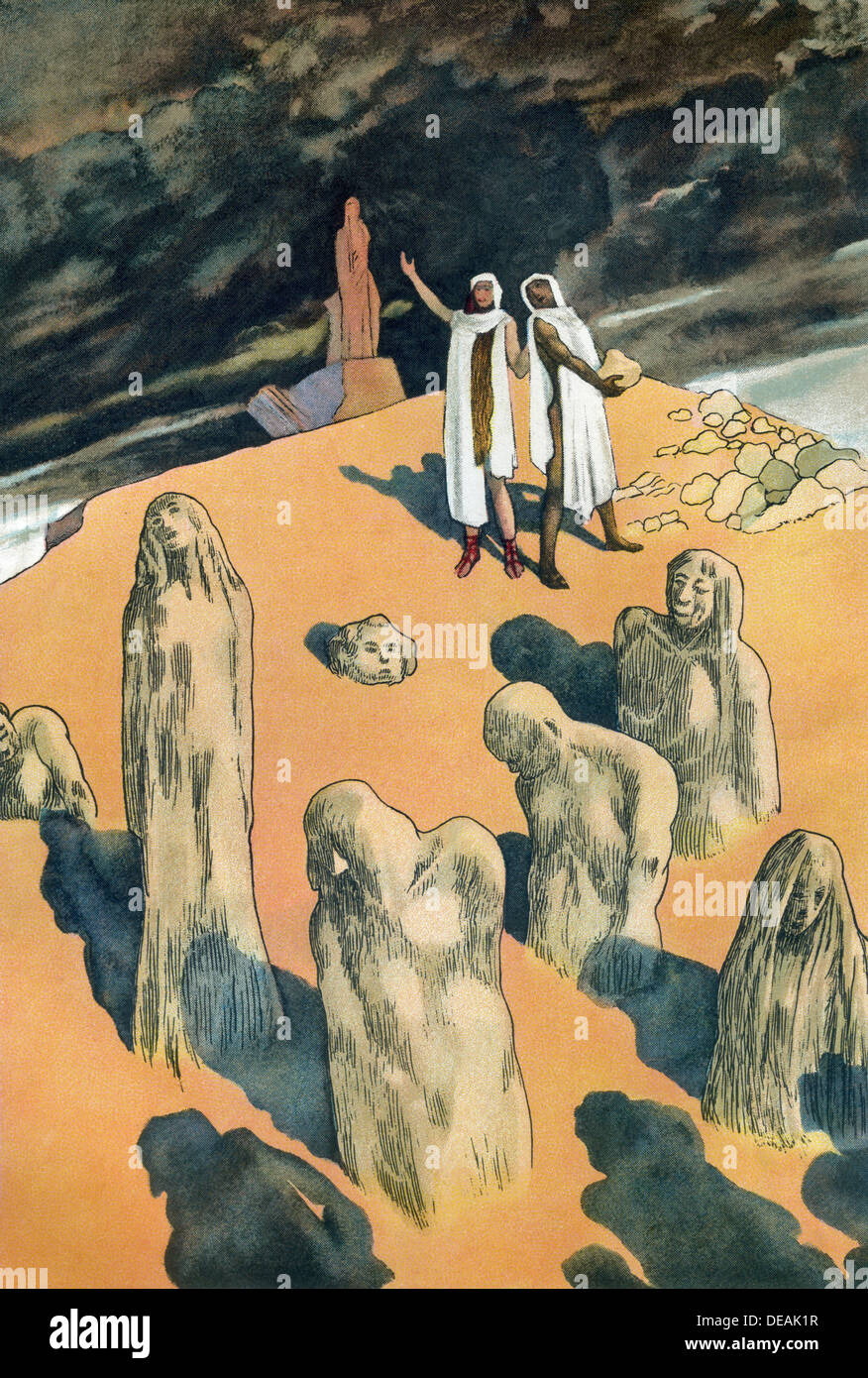 Deucalion and Pyrrha, survivors of the flood, throw behind them the ...