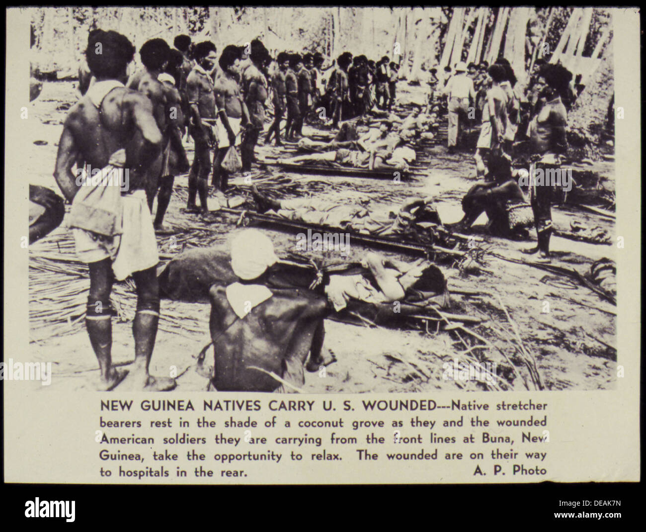 A photograph of New Guinea natives assisting U.S. soldiers by carrying ...