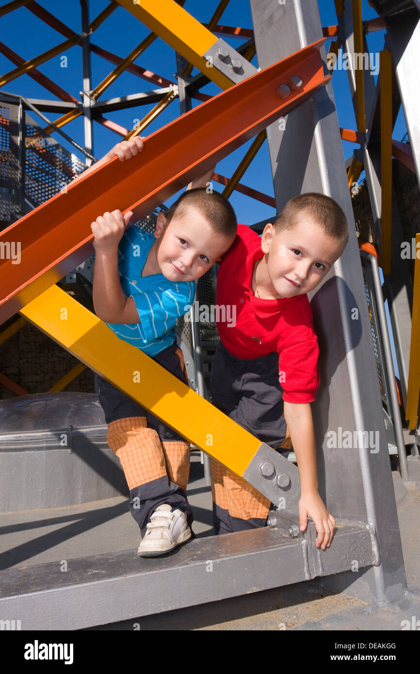 Boys, 6 and 4 years, on a lookout tower Stock Photo - Alamy