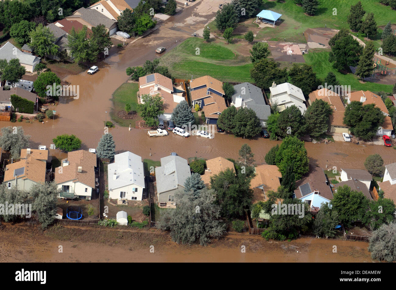 Aerial view of roads washed out and neighborhoods under water following ...