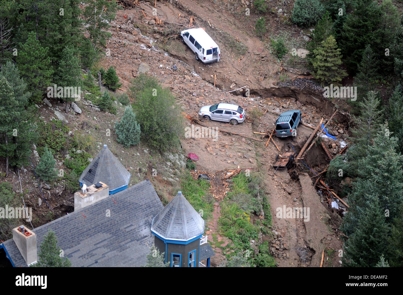 Aerial view of roads washed out and neighborhoods under water following ...