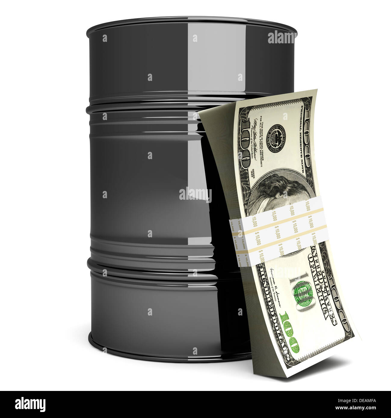 A oil barrell with Dollar notes. 3D rendered Illustration. Isolated on ...