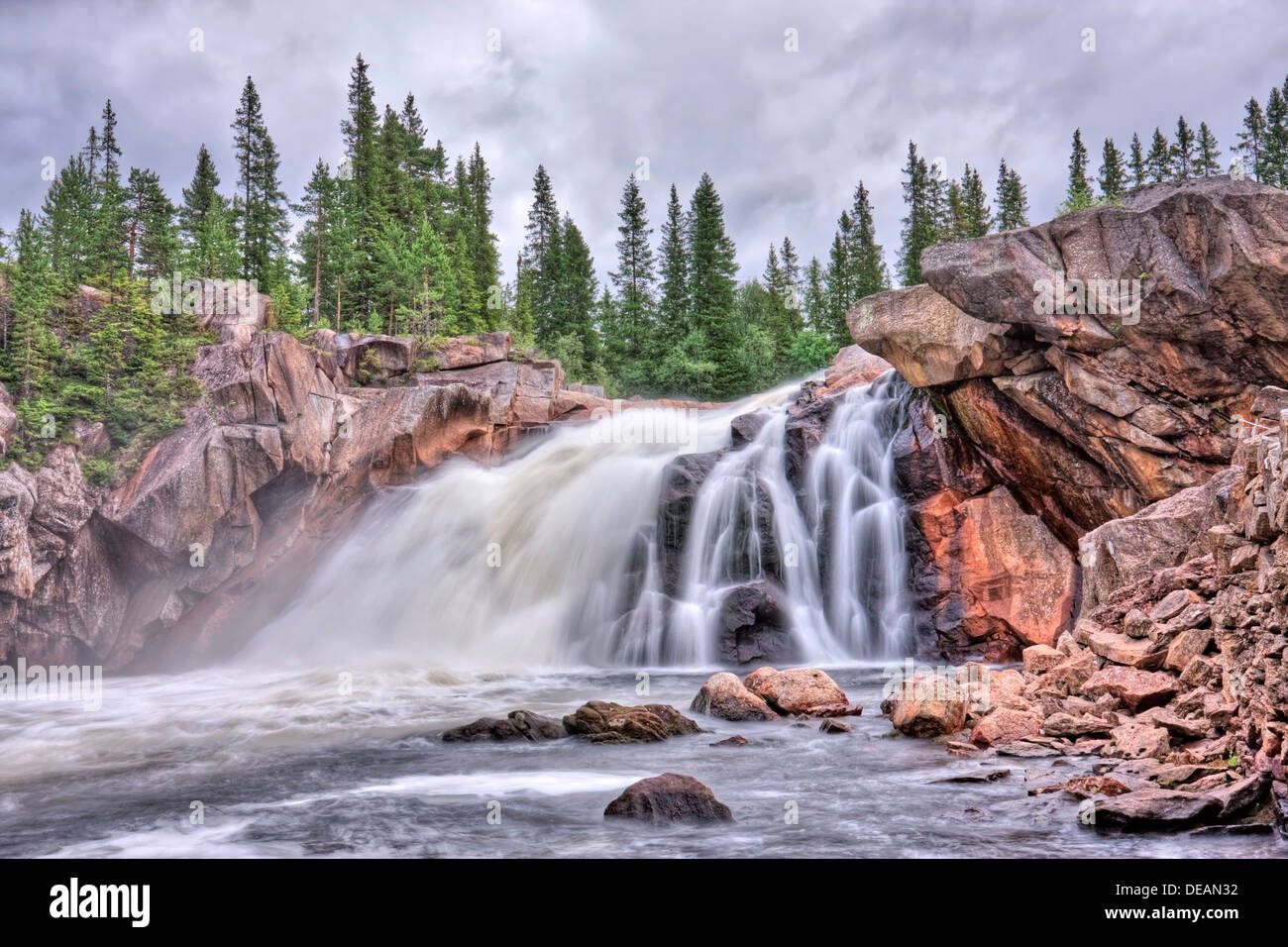 Hyttfossen waterfall on the Gaula river, Norway, Scandinavia, Europe ...