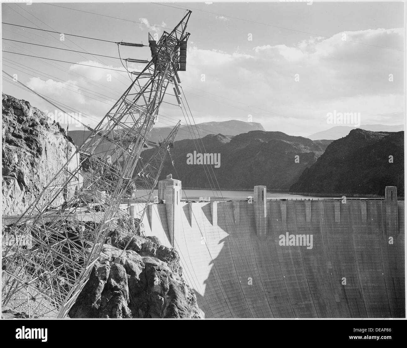 A photograph taken in 1941 looking over the top of the Boulder Dam ...