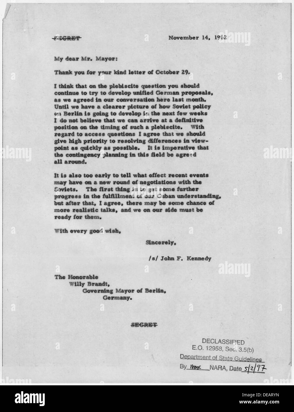 A letter written by President John F. Kennedy to Mayor Willy Brandt on ...