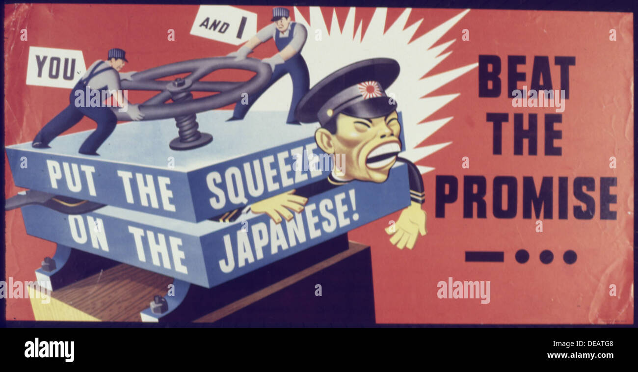 This image presents wartime propaganda aimed at promoting anti-Japanese ...