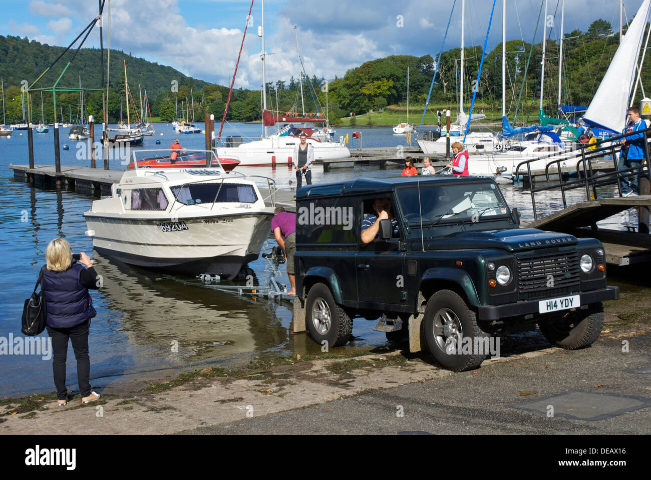 Launching speedboat at Ferry Nab, Lake Windermere, Lake District ...