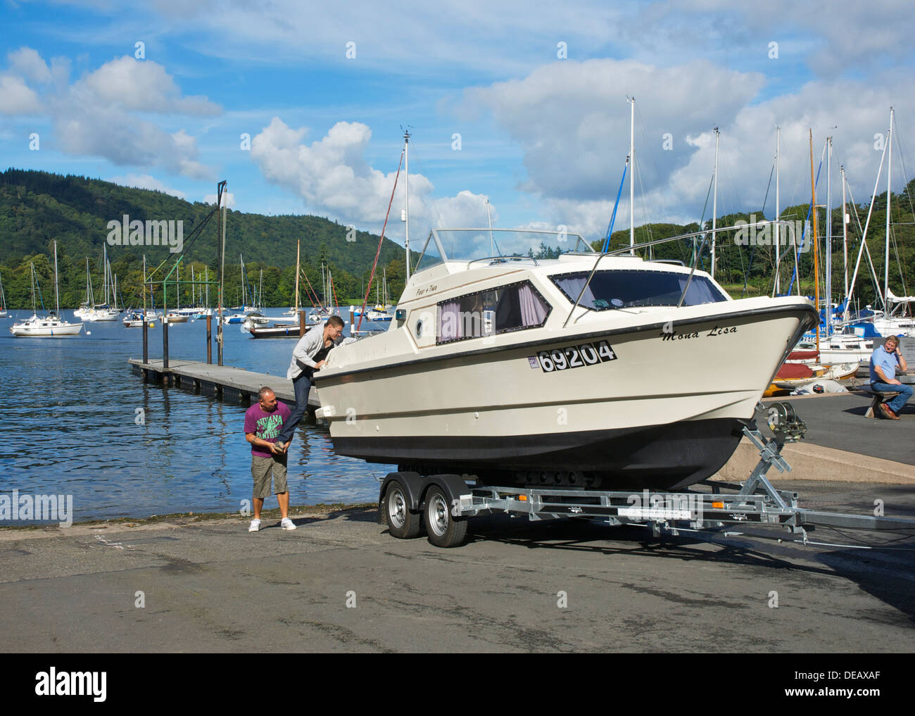 Launching speedboat at Ferry Nab, Lake Windermere, Lake District ...