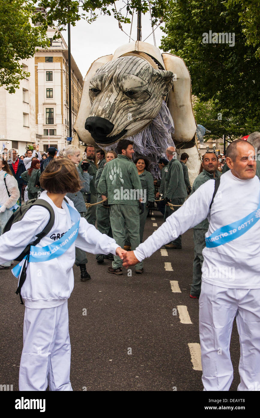 London, UK. 15 Sept 2013. Greenpeace's giant polar bear approaches ...