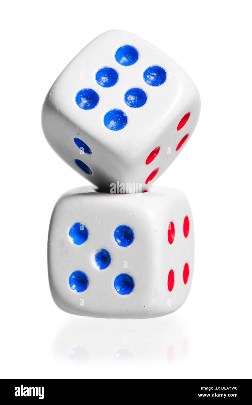 two white dice stand by each other on a white background Stock Photo ...