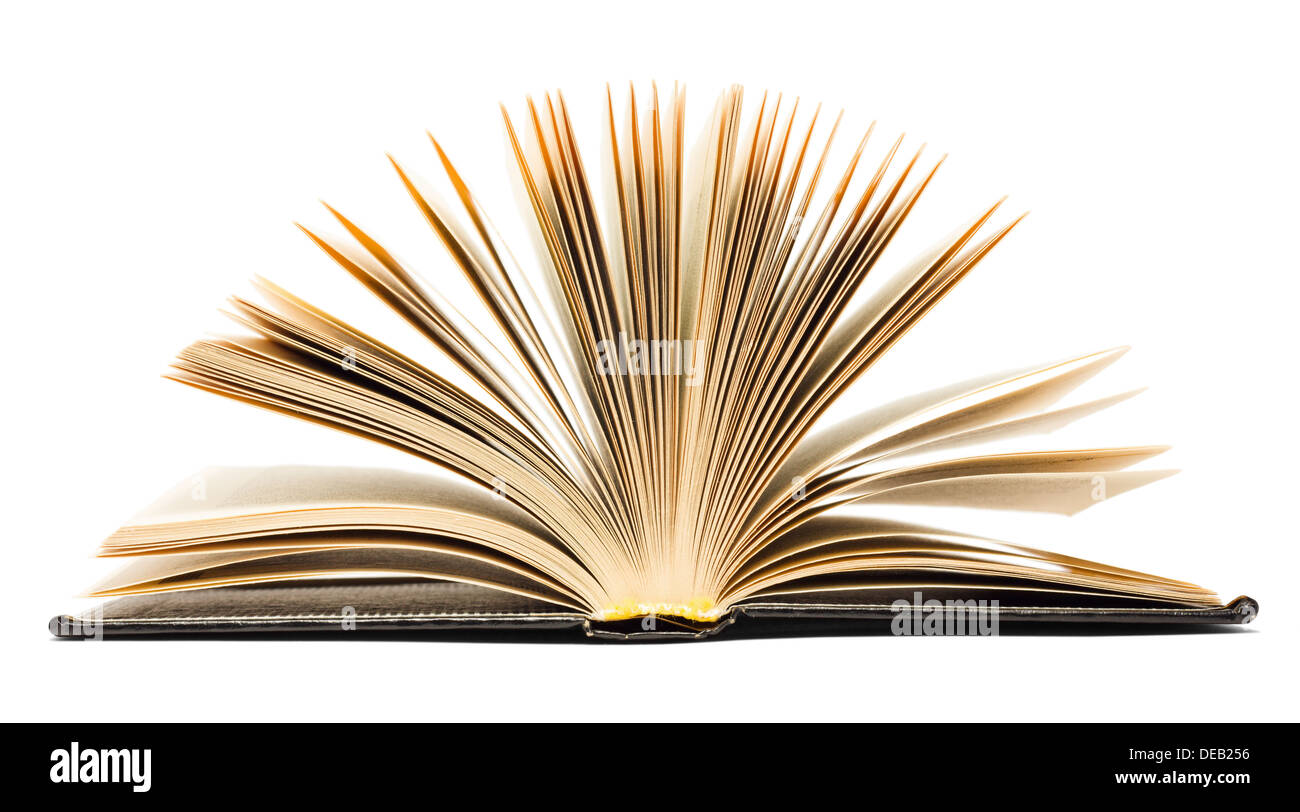 Old black open book isolated on white background Stock Photo - Alamy