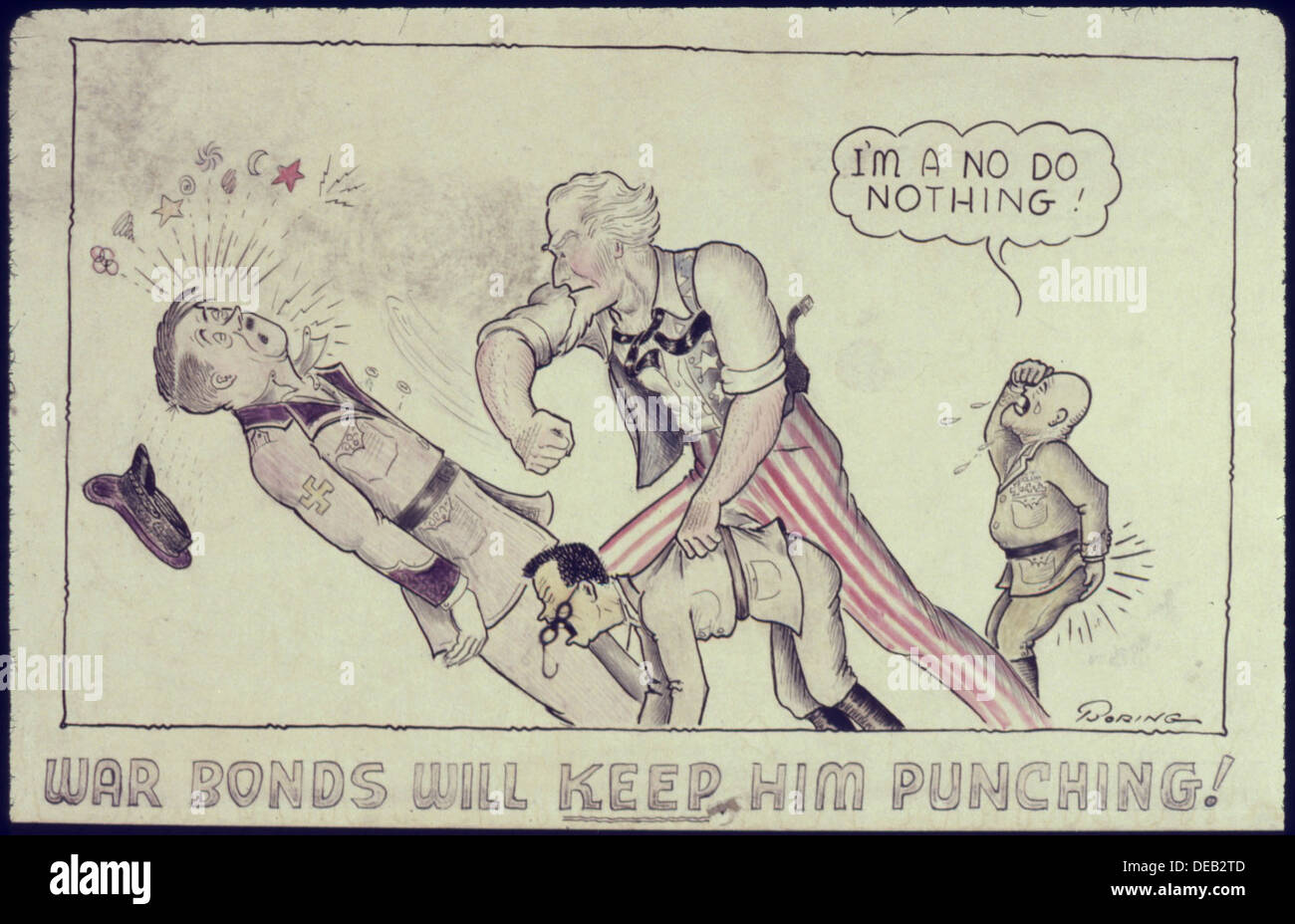 A poster featuring a man promoting the sale of war bonds, encouraging ...