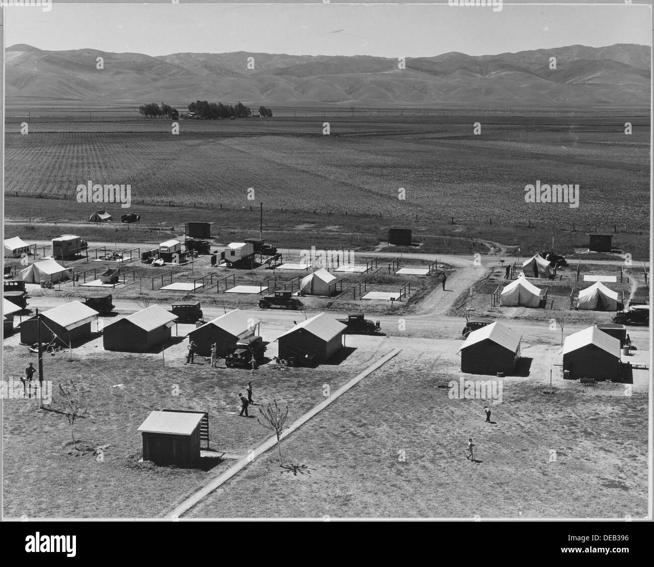 A view of a migratory labor camp in Westley, California, as captured ...