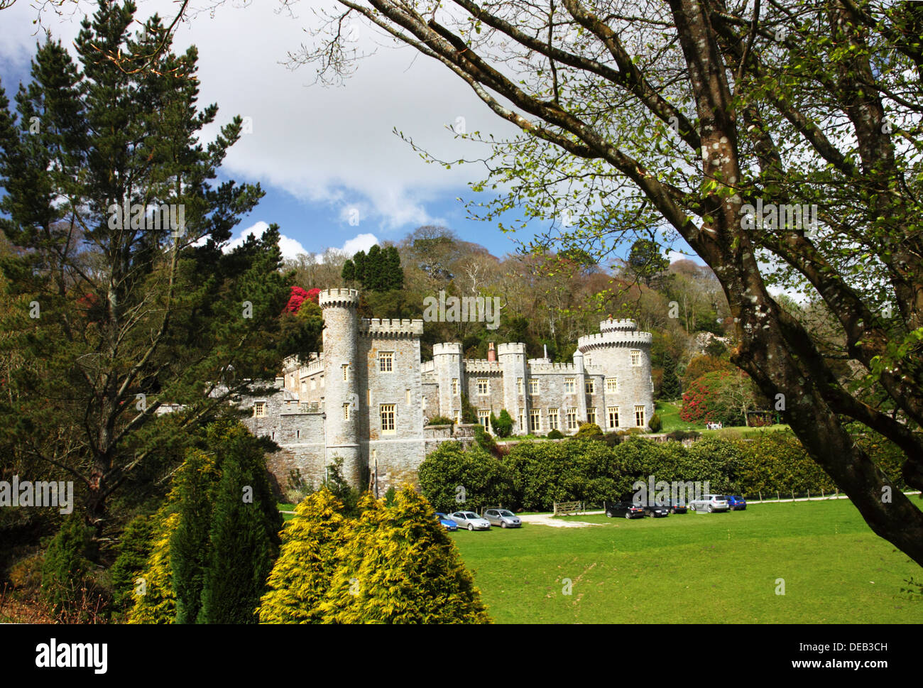 View of a Gothic castle with lawn in spring Stock Photo - Alamy