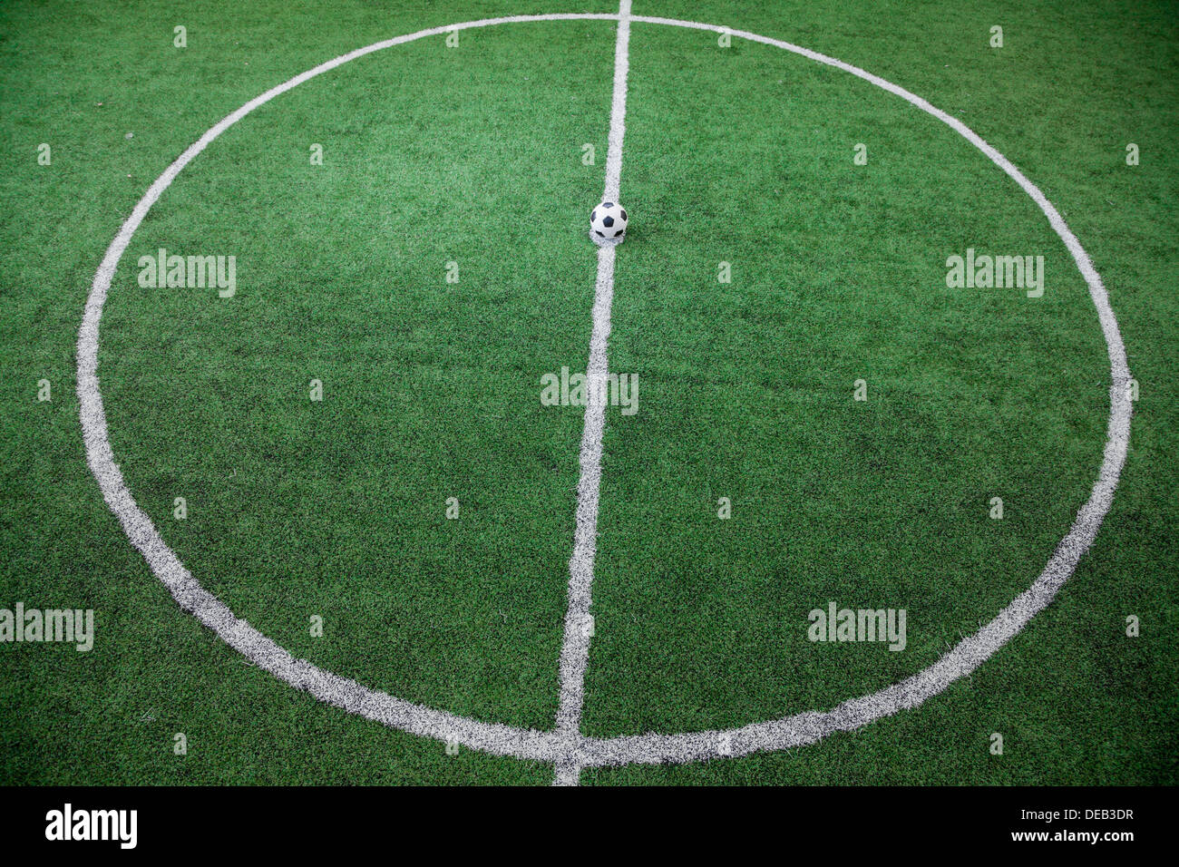 Soccer field with soccer ball on the line, high angle view Stock Photo ...