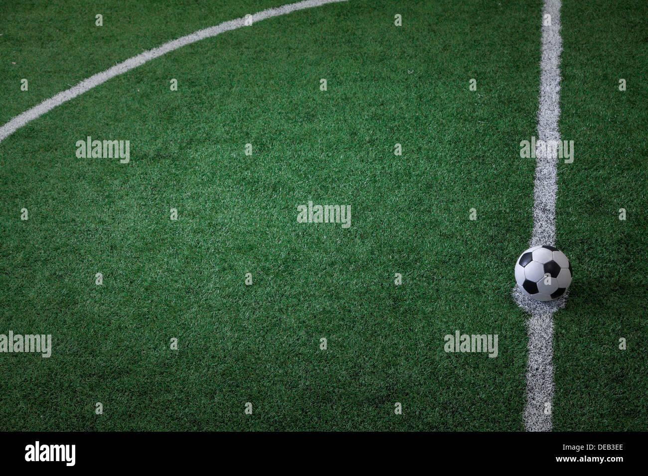Soccer field with soccer ball on the line, high angle view Stock Photo ...