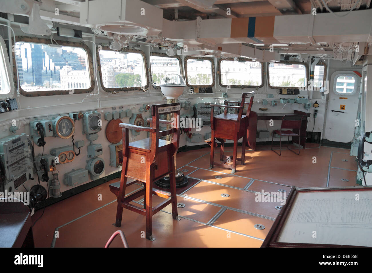 The Bridge on HMS Belfast, a Royal Navy light cruiser, moored on the ...