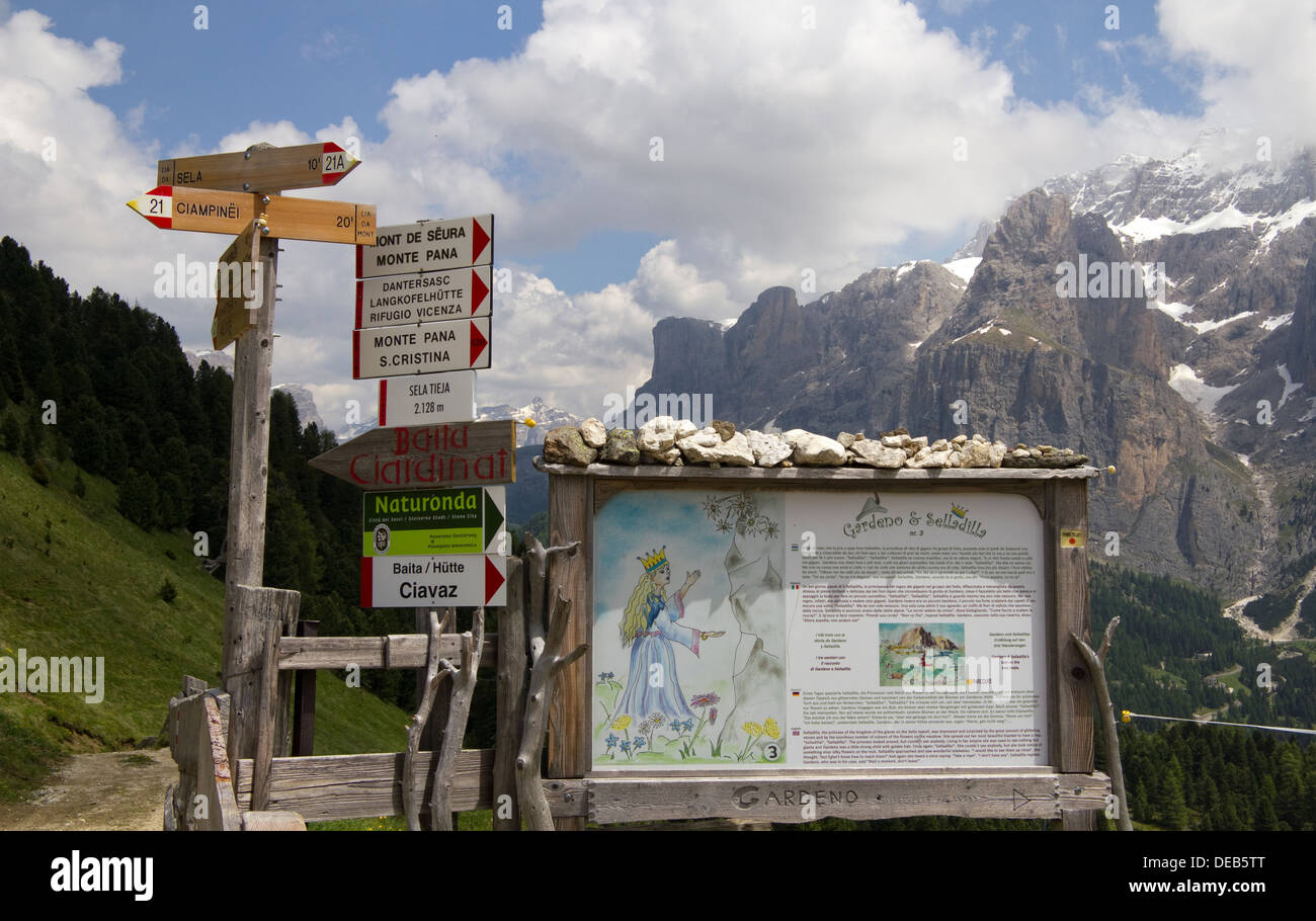 Hiking trail signs post in the Dolomites Alps Italy Stock Photo - Alamy