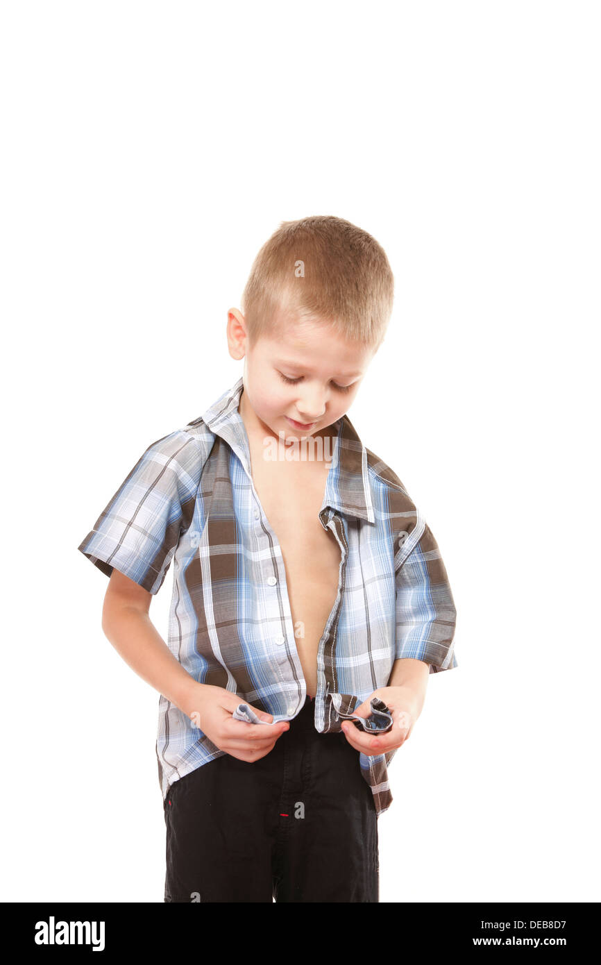 little boy buttoning on shirt, isolated on white background Stock Photo ...