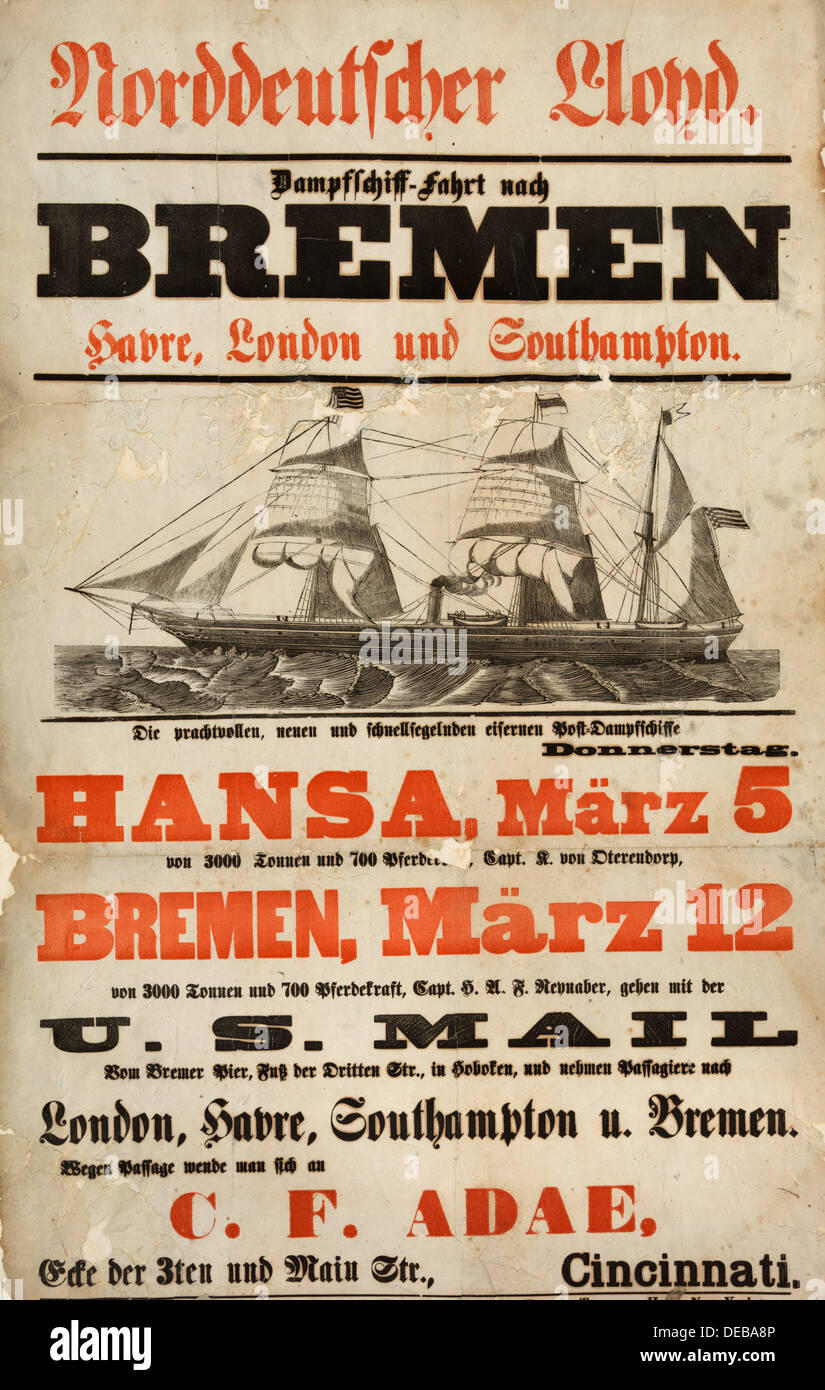 Bremen - Advertisement for passage on sailing ship, circa 1850, in ...